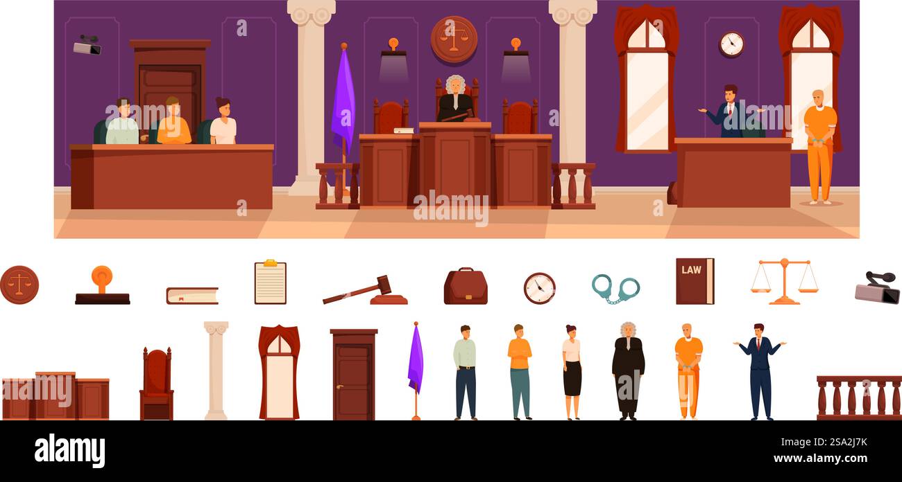 Trial courtroom icons set cartoon vector. Desk judge. Court room ...