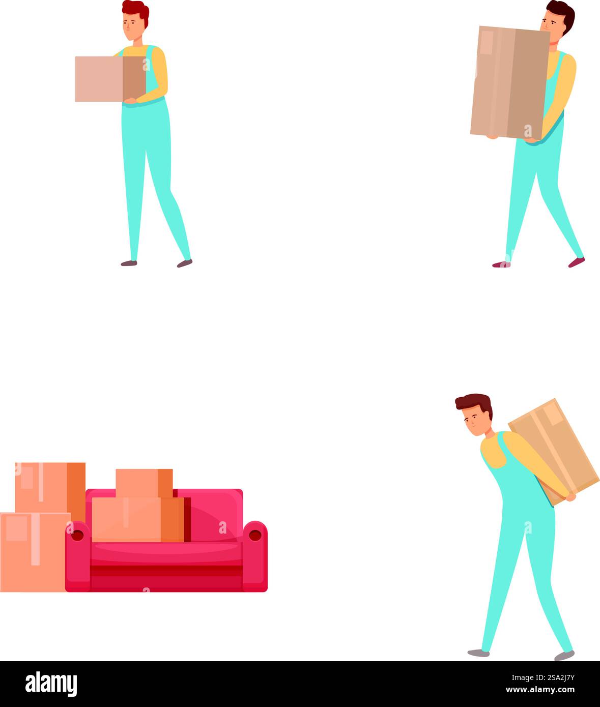 Delivery worker icons set cartoon vector. Worker man in uniform carry ...