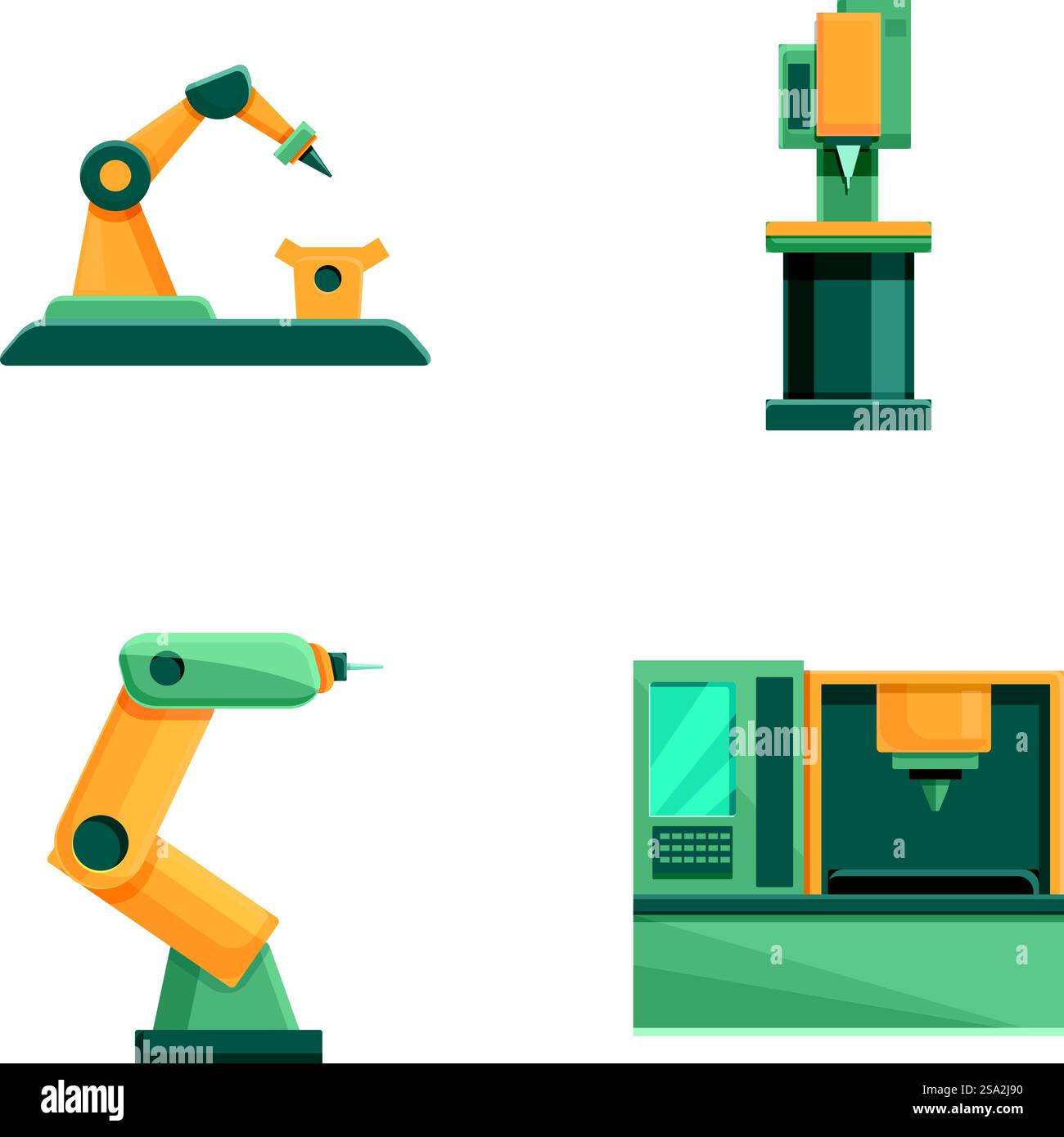 Cnc machine icons set cartoon vector. Comp numerical controlled milling machine. Industrial tool ...