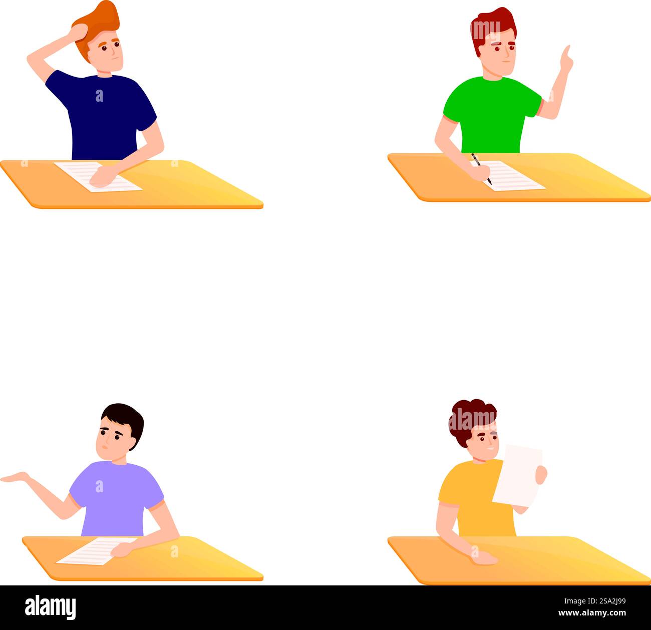 Passing exam icons set cartoon vector. Young people taking exam ...
