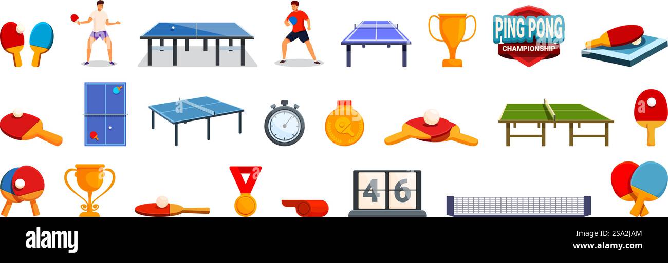 Ping pong tournament icons set cartoon vector. People playing. Sport ...