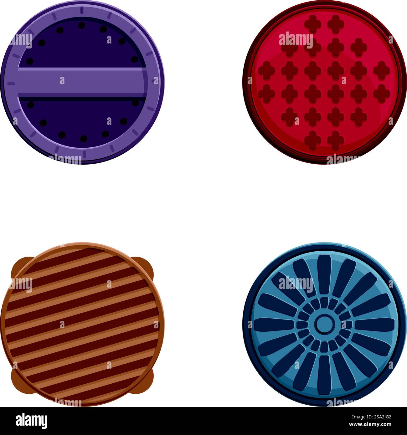 Iron hatch icons set cartoon vector. Road manhole of various shape and ...