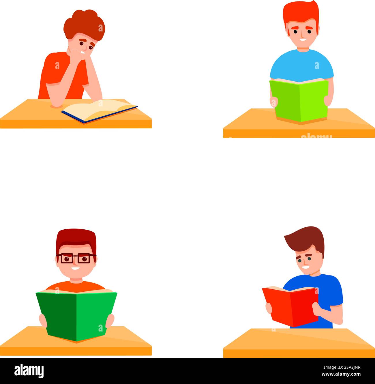 Book reading icons set cartoon vector. Male character reading paper ...