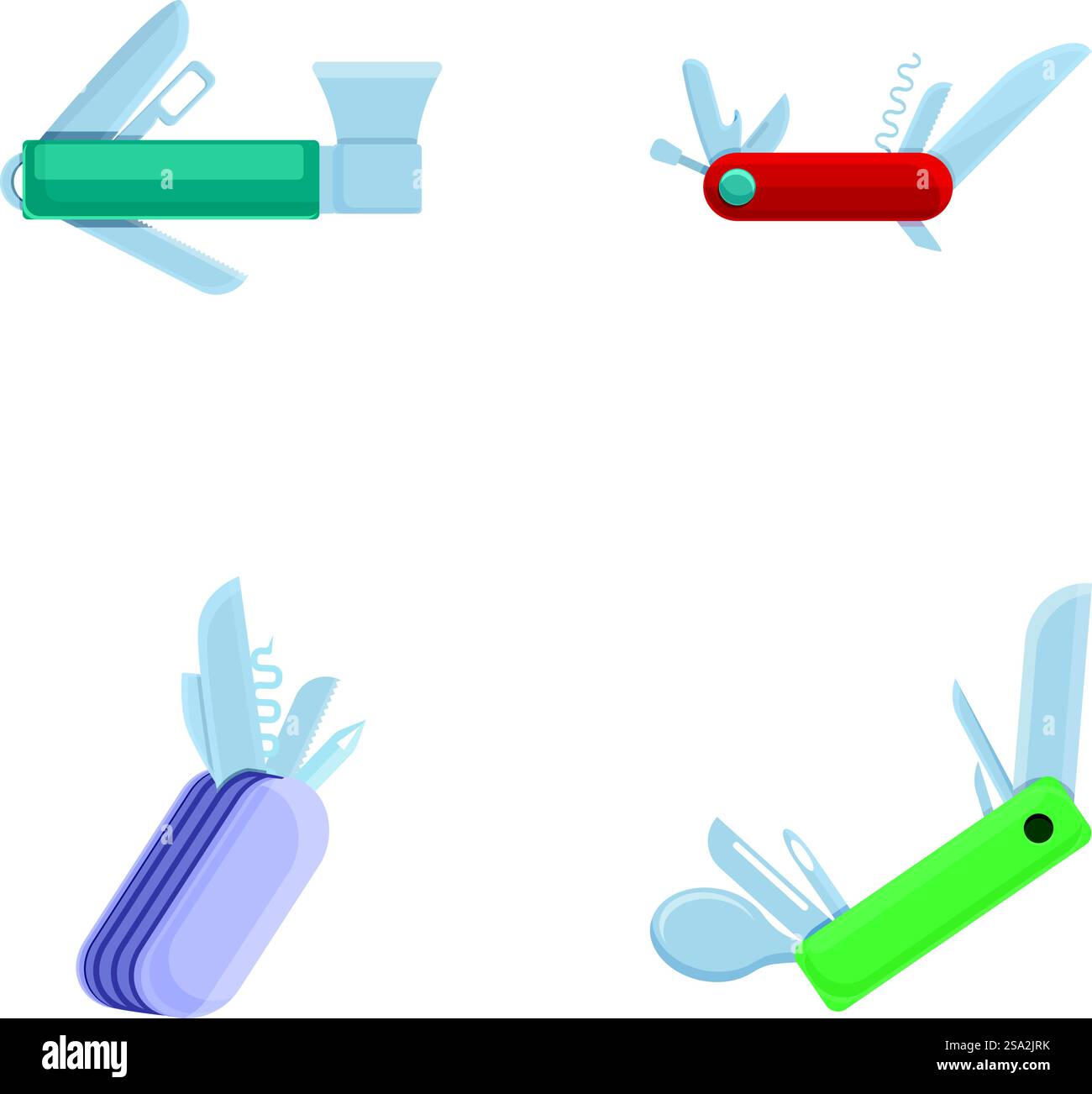 Multi knife icons set cartoon vector. Pocket multipurpose folding knife ...