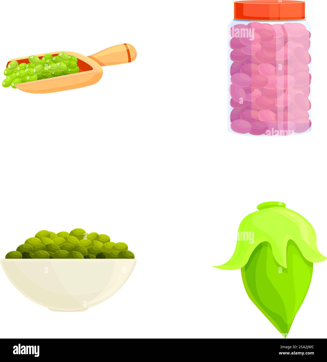 Lentil seed icons set cartoon vector. Green lentil pod and seed in jar ...