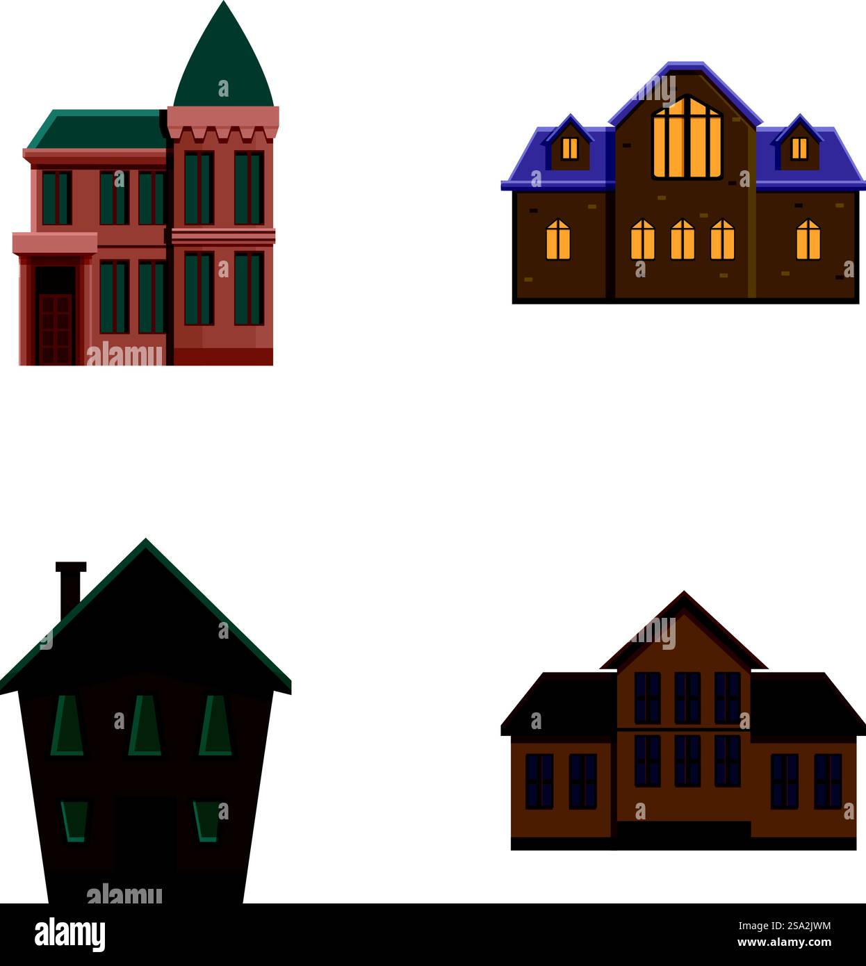 Old house icons set cartoon vector. Various dwelling in bad condition ...