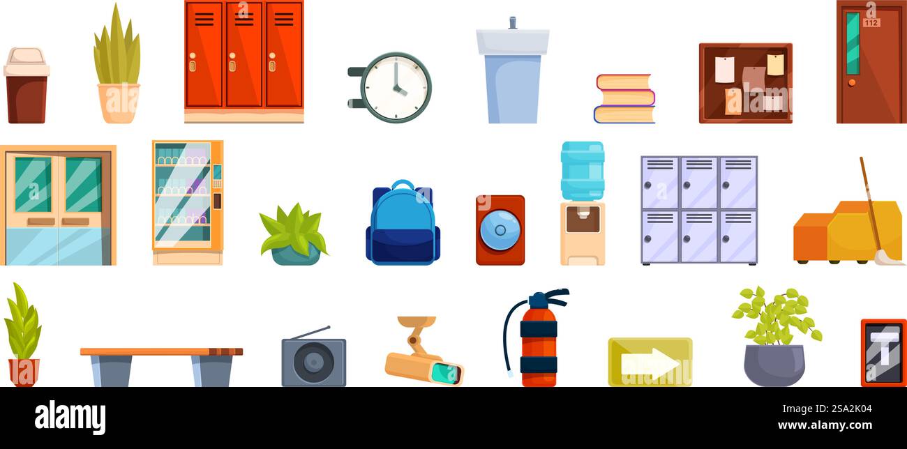 School hallway icons set cartoon vector. Alarm bell. Vending machine ...