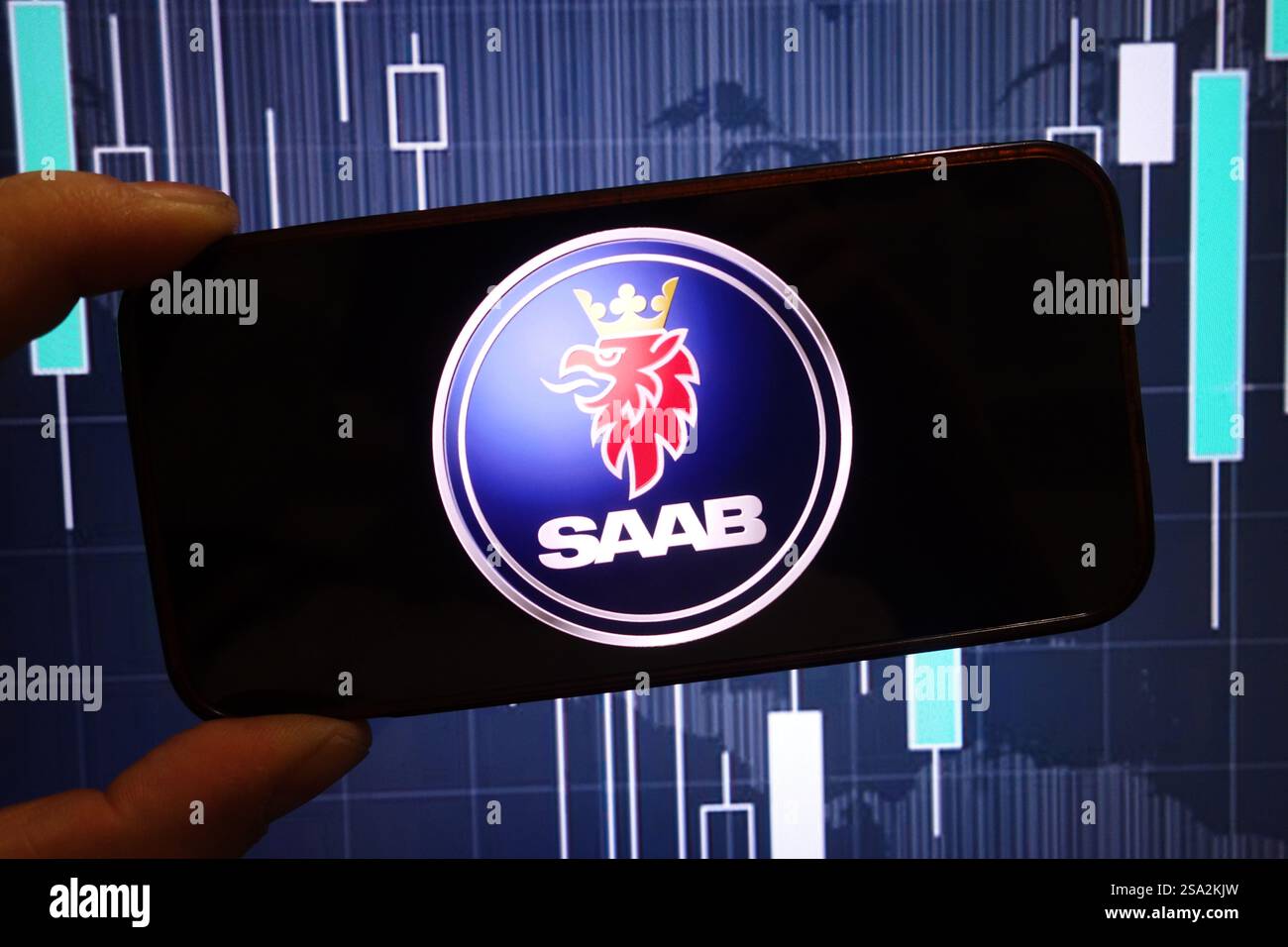 In this photo illustration, the SAAB AB company logo is seen displayed ...