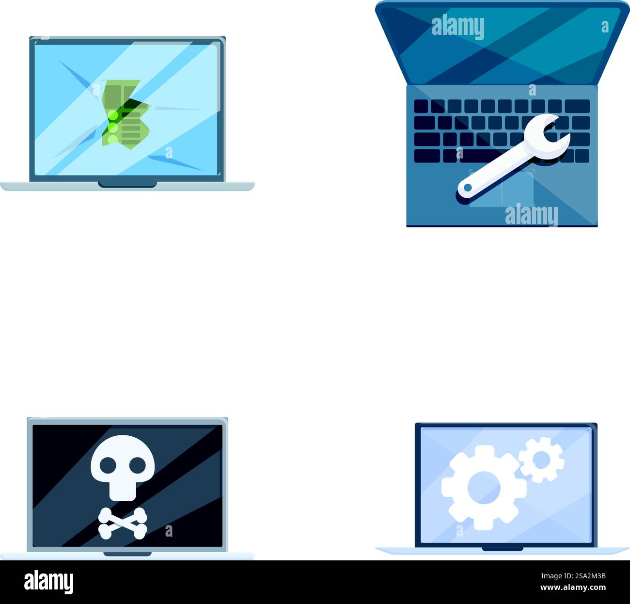 Broken laptop icons set cartoon vector. Various broken personal ...