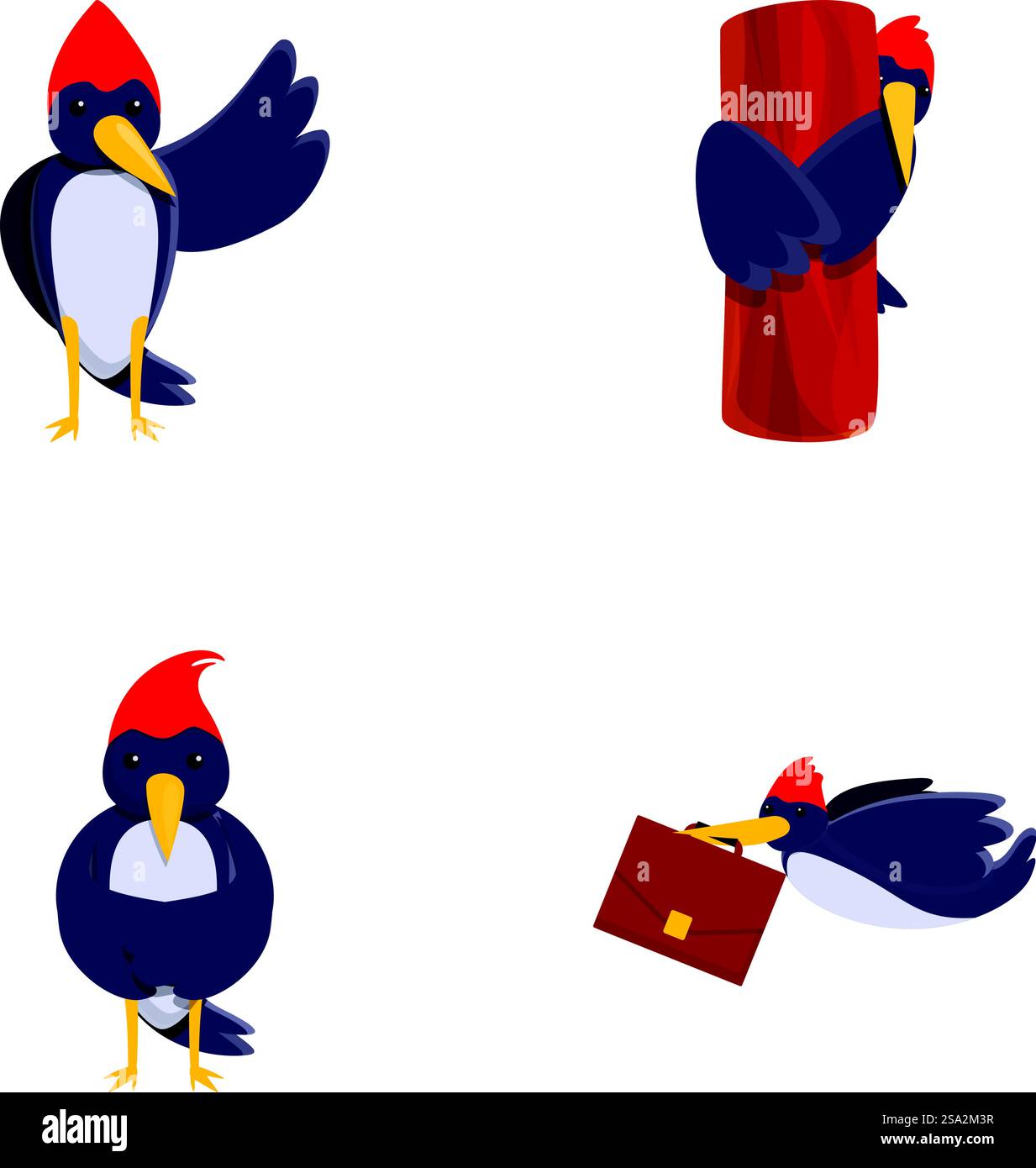 Woodpecker icons set cartoon vector. Funny bright woodpecker bird ...