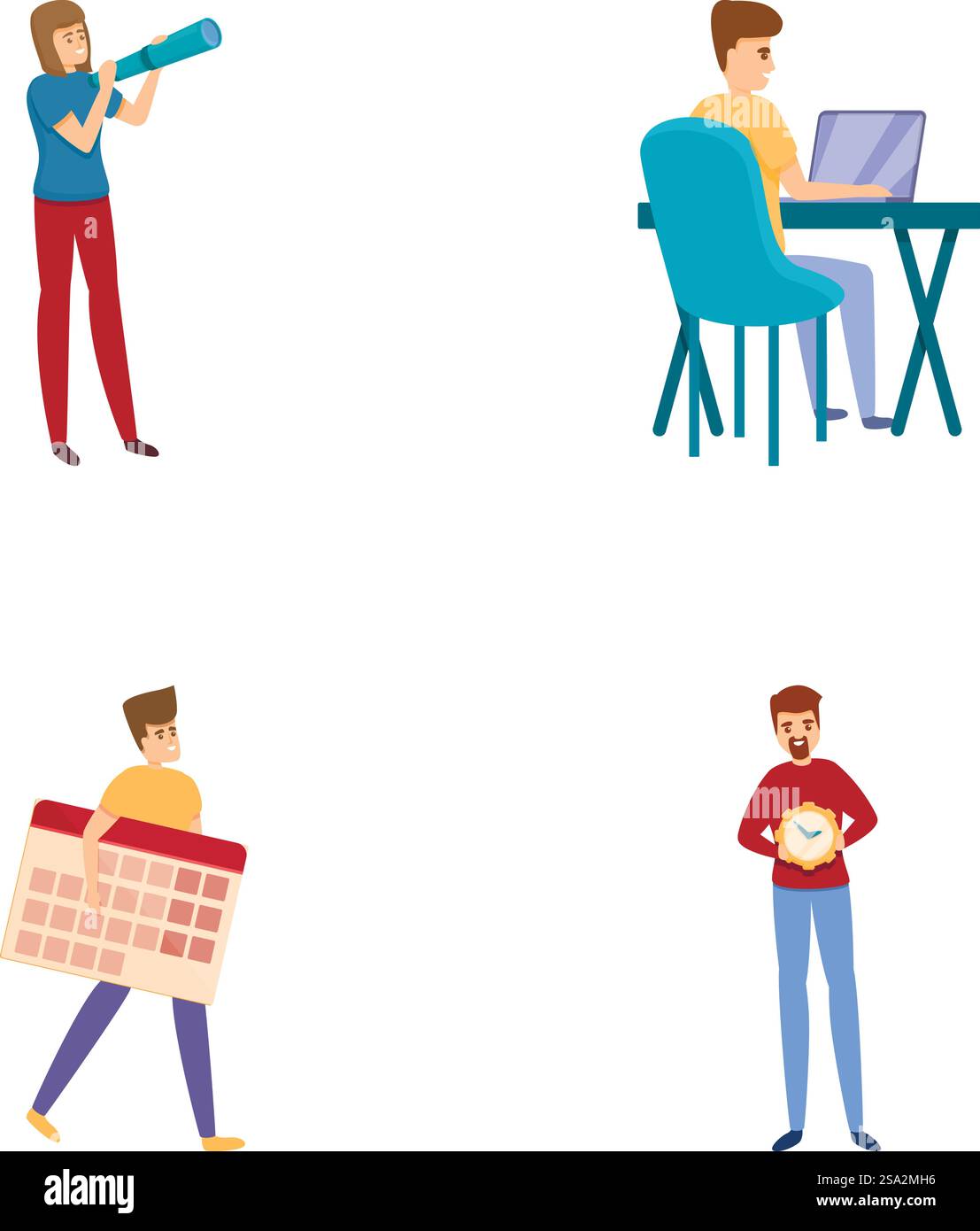 Working hour icons set cartoon vector. People with clock calendar and ...