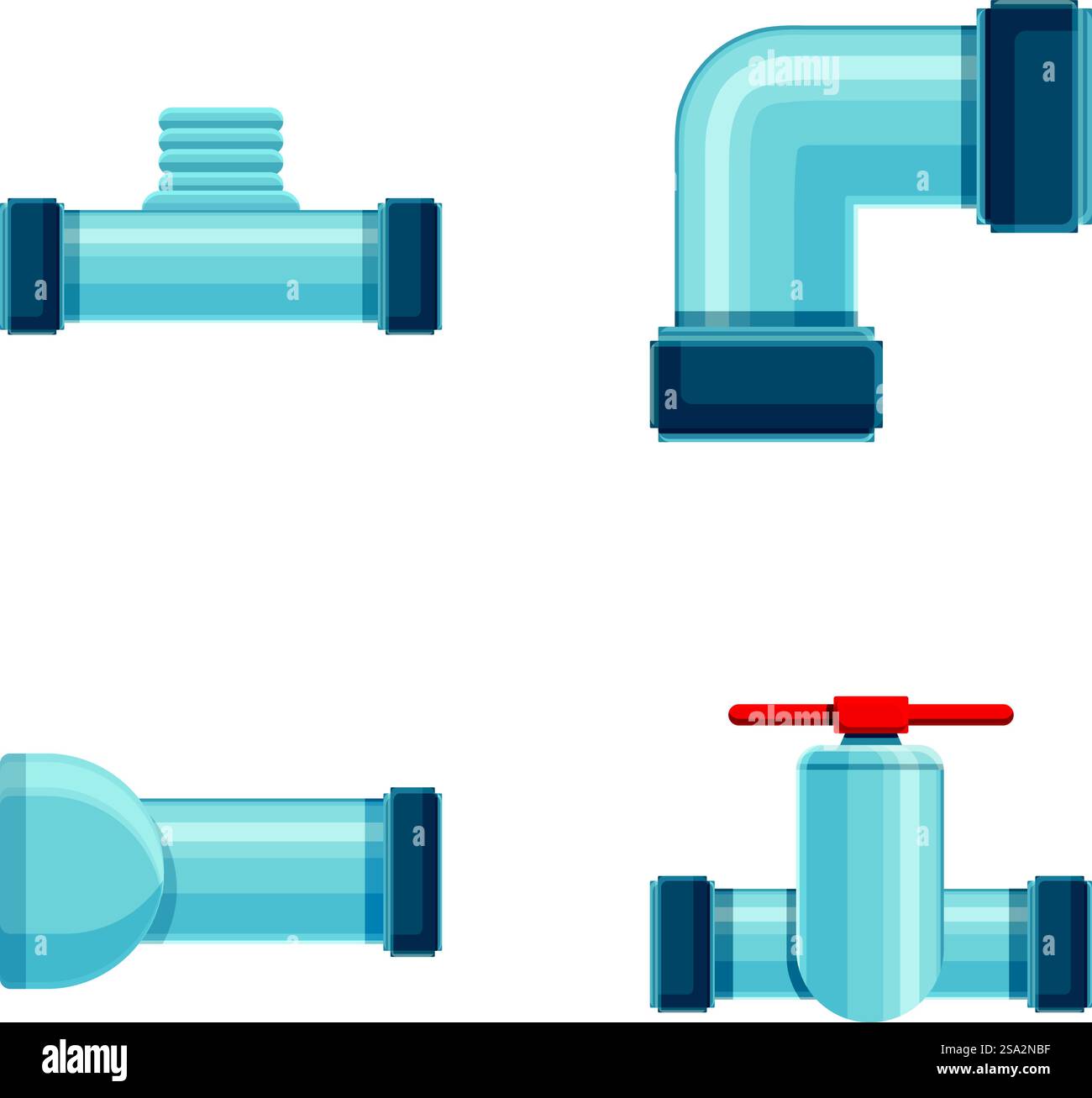 Water pipe icons set cartoon vector. Pipeline part, valve and plumbing ...