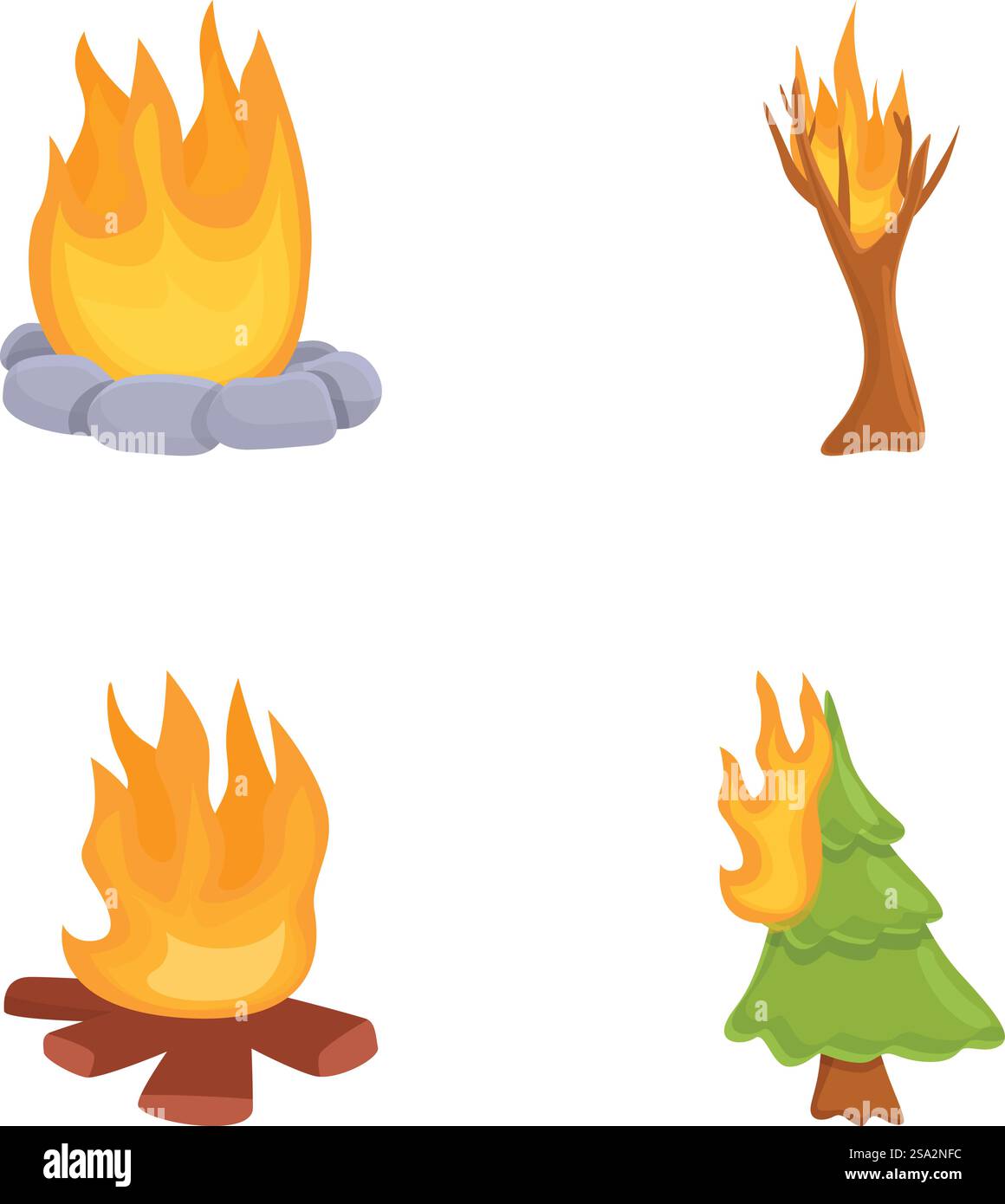 Bonfire icons set cartoon vector. Burning tree and bonfire. Forest fire ...