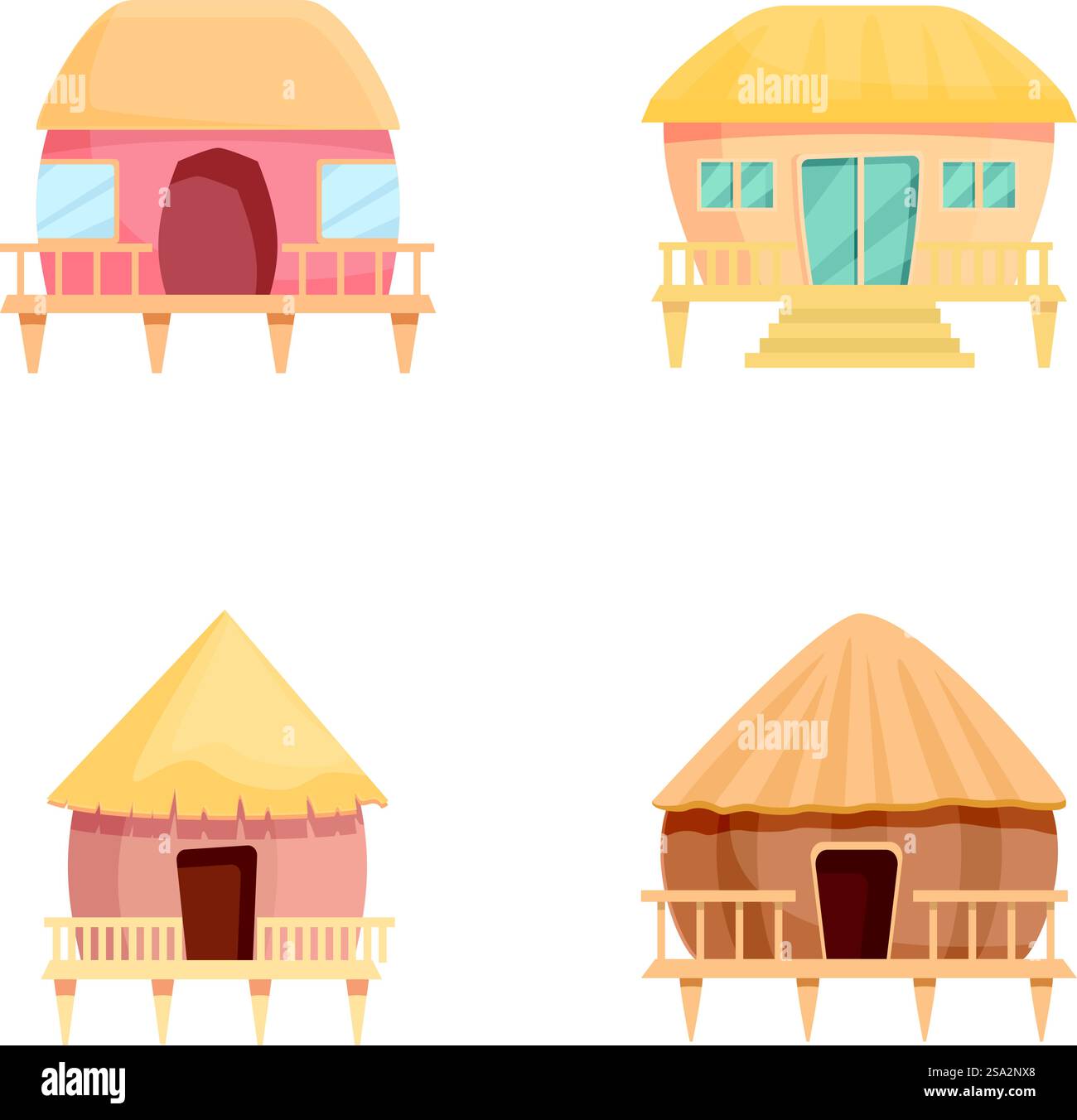 Bungalow icons set cartoon vector. Wooden bungalow or island resort ...