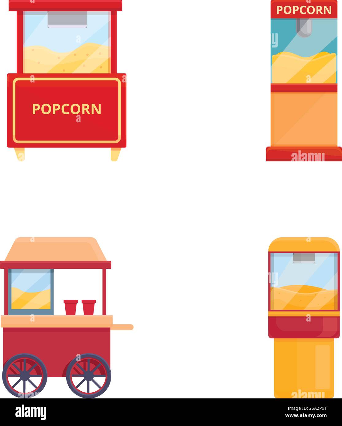 Popcorn cart icons set cartoon vector. Vintage kiosk in amusement park ...