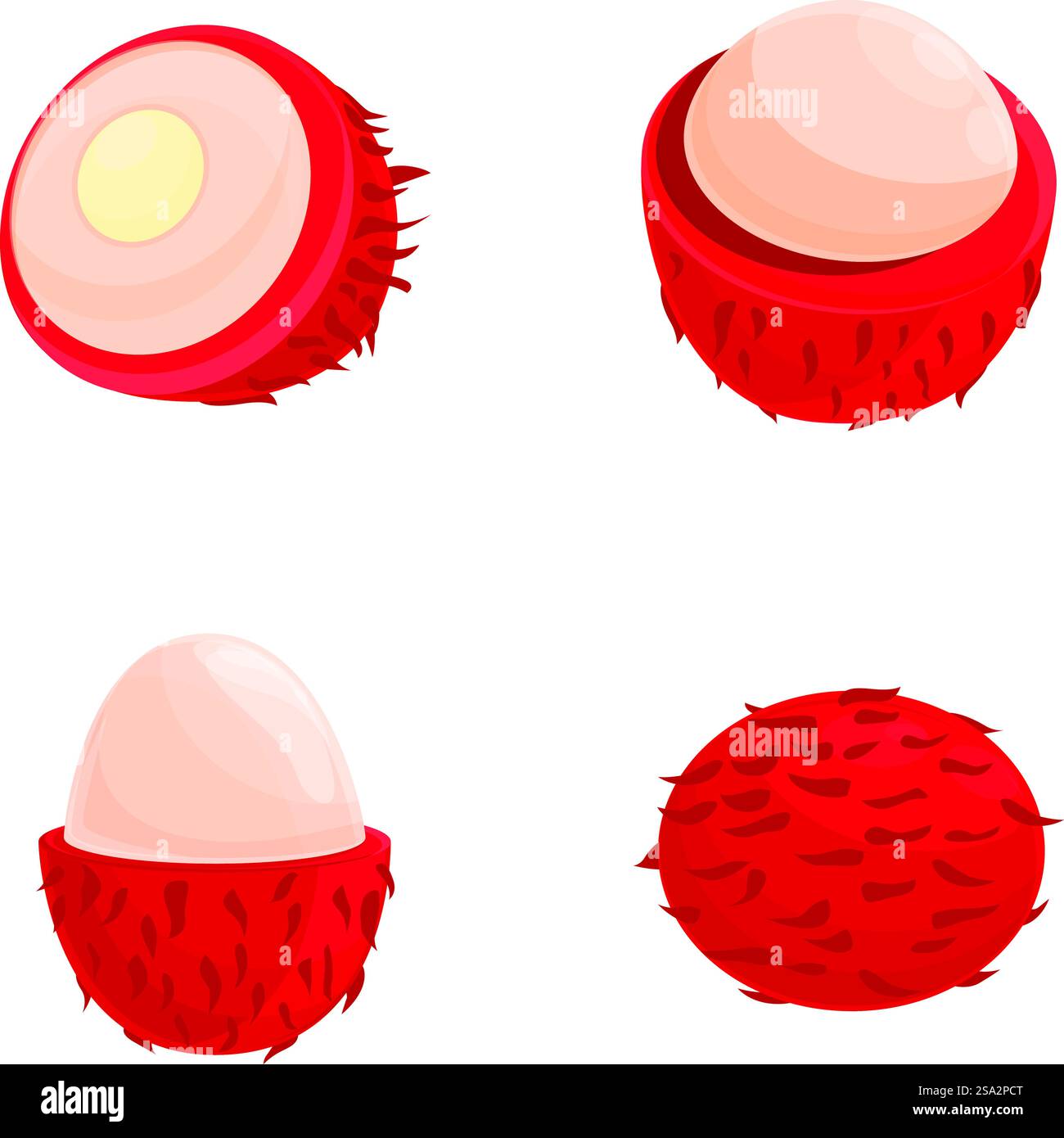 Red rambutan icons set cartoon vector. Whole and half of fresh tropical ...