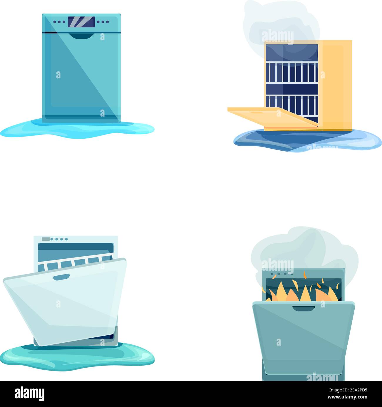 Dishwasher icons set cartoon vector. Broken household dishwasher ...