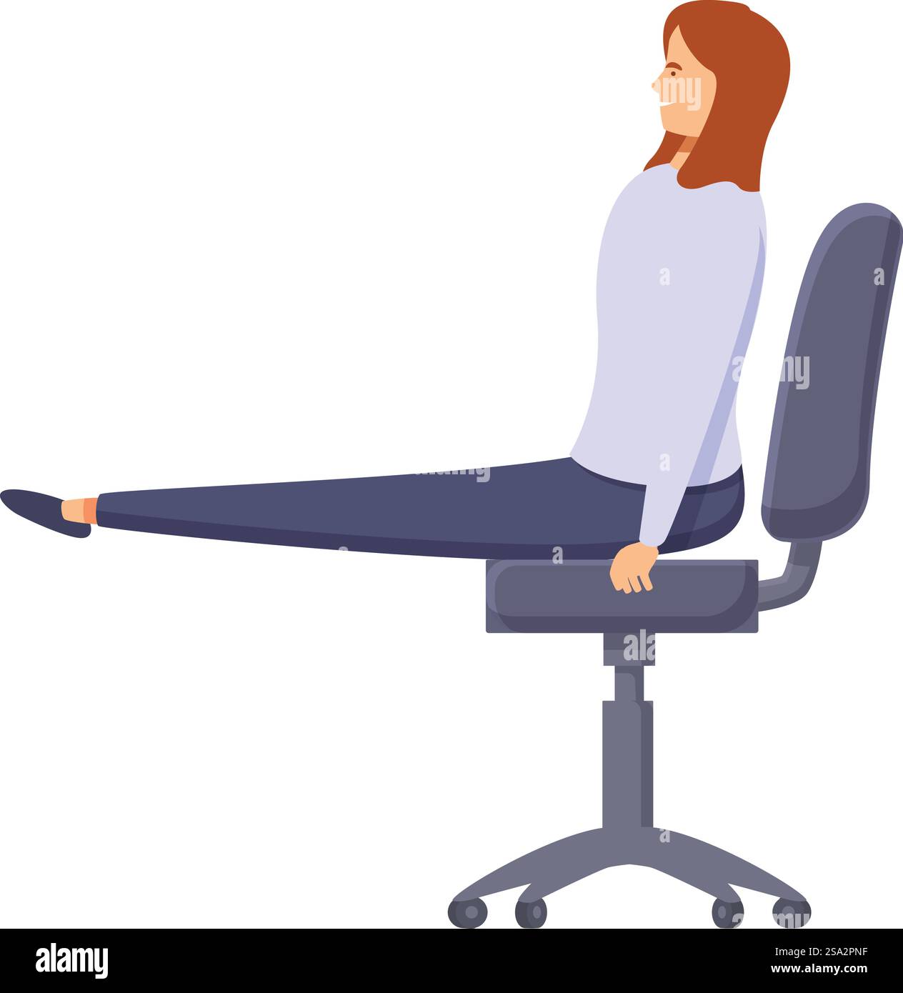 Vector illustration of a woman doing a leg stretch on an office chair ...