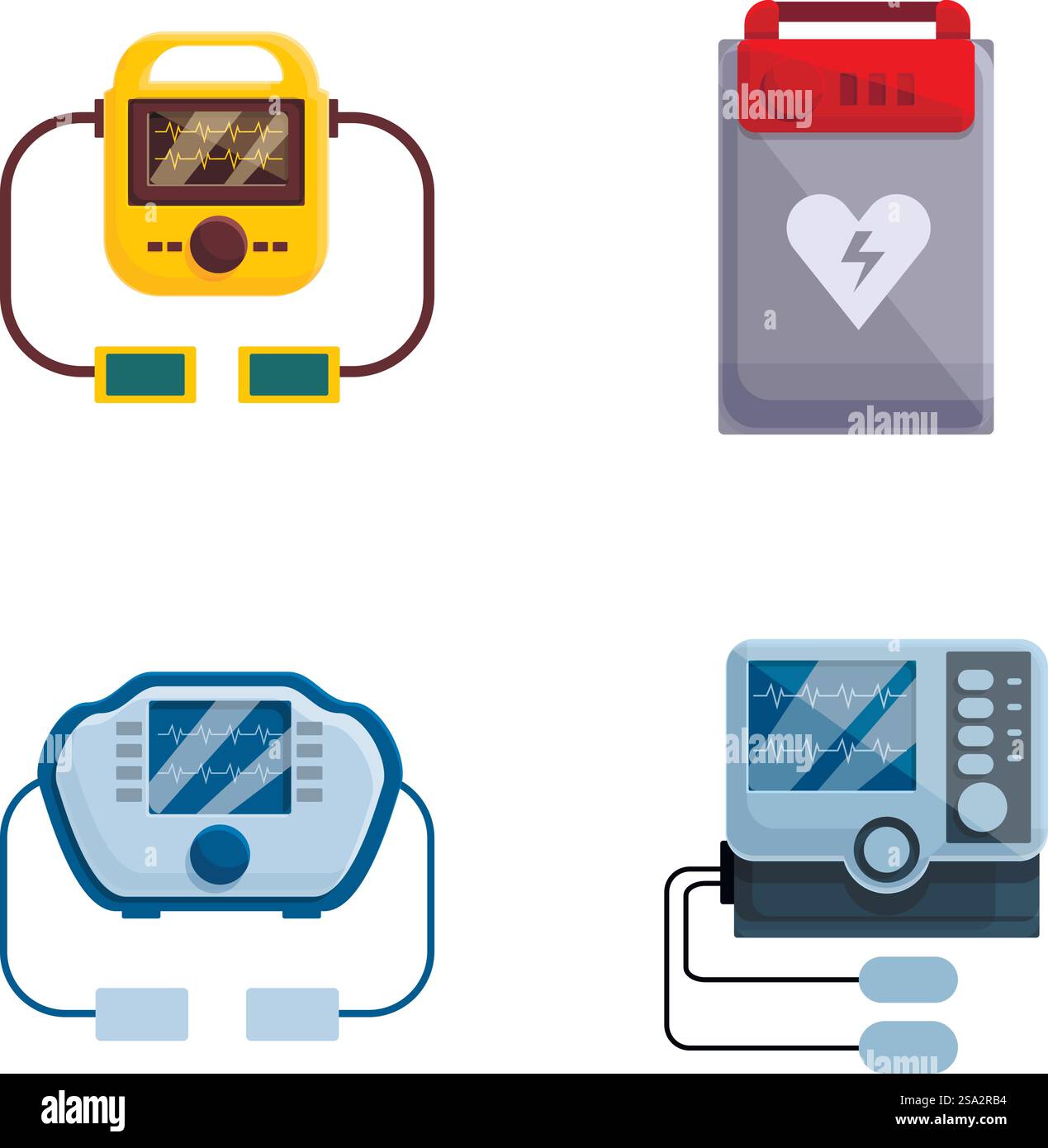 Defibrillator icons set cartoon vector. Automated external defibrillator. Cardiology, medical ...