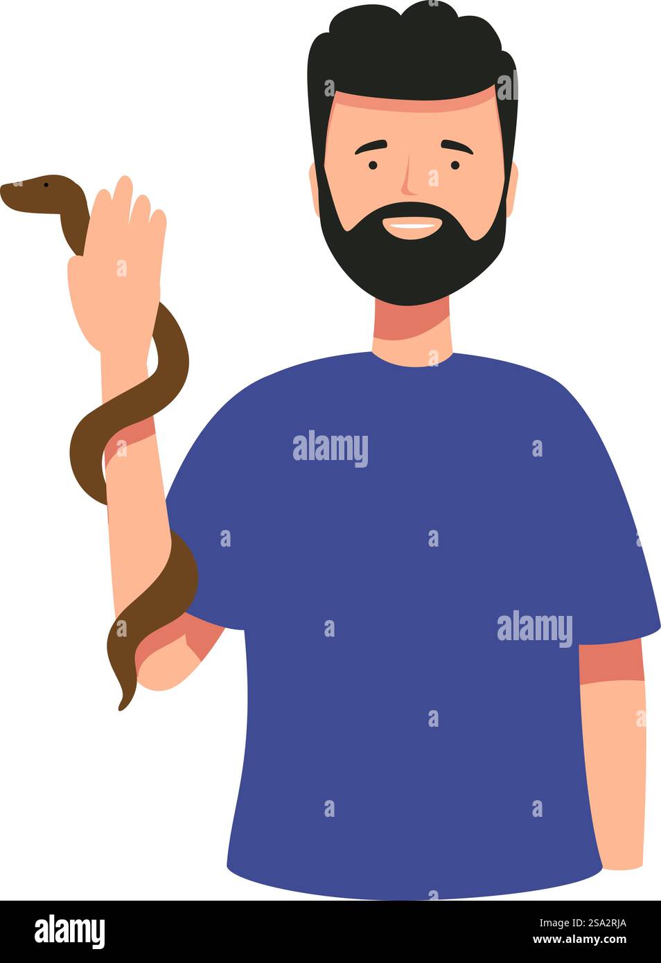 Bearded man in a casual tshirt happily interacts with a coiling snake ...