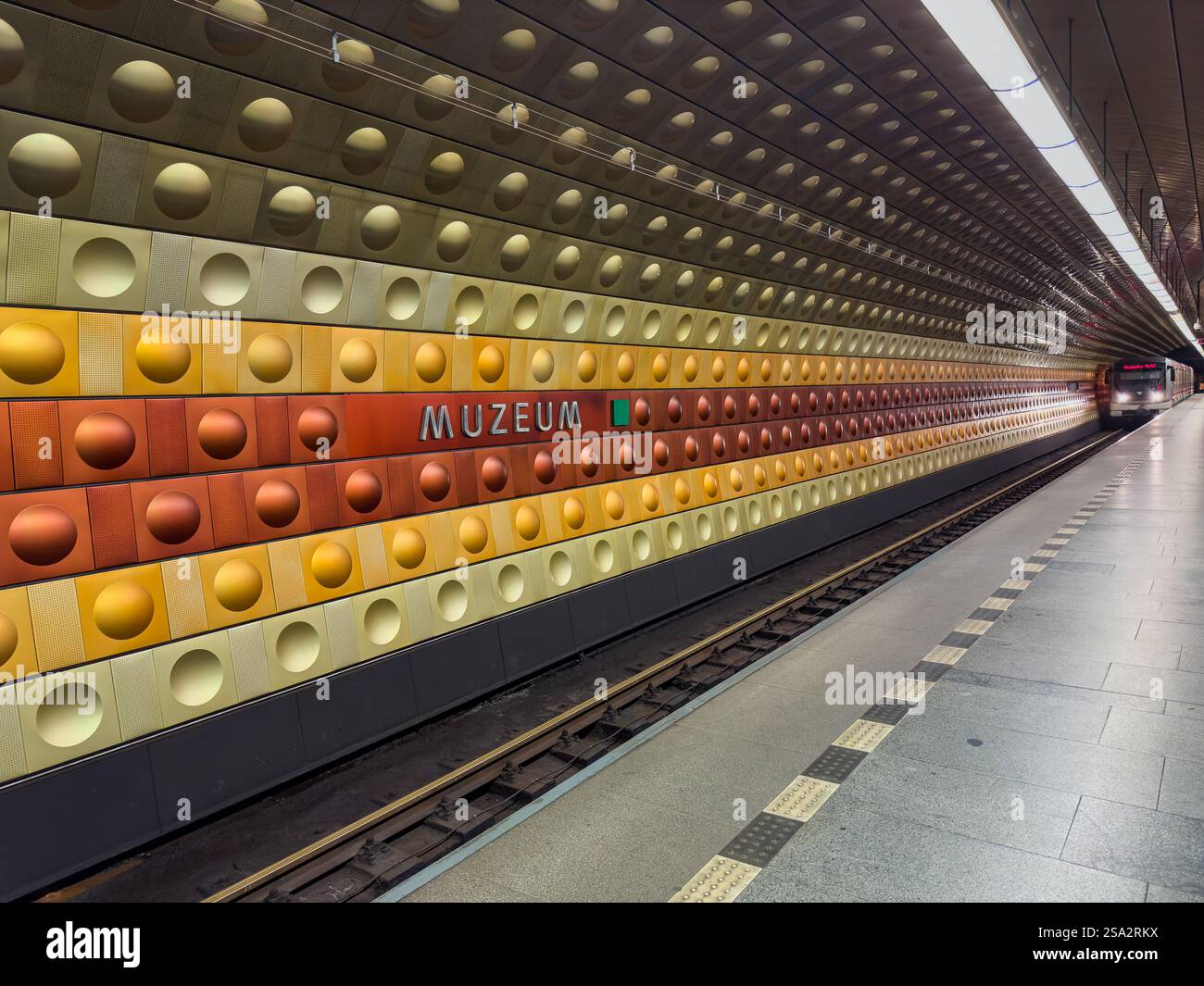 Prague, Czech republic - July 18, 2024. Unique design of tiles in metro ...