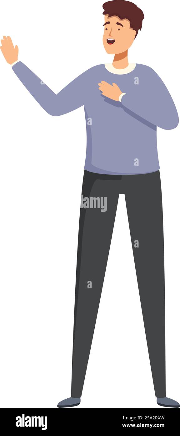 Illustration of a smiling man in casual clothes gesturing with one hand ...