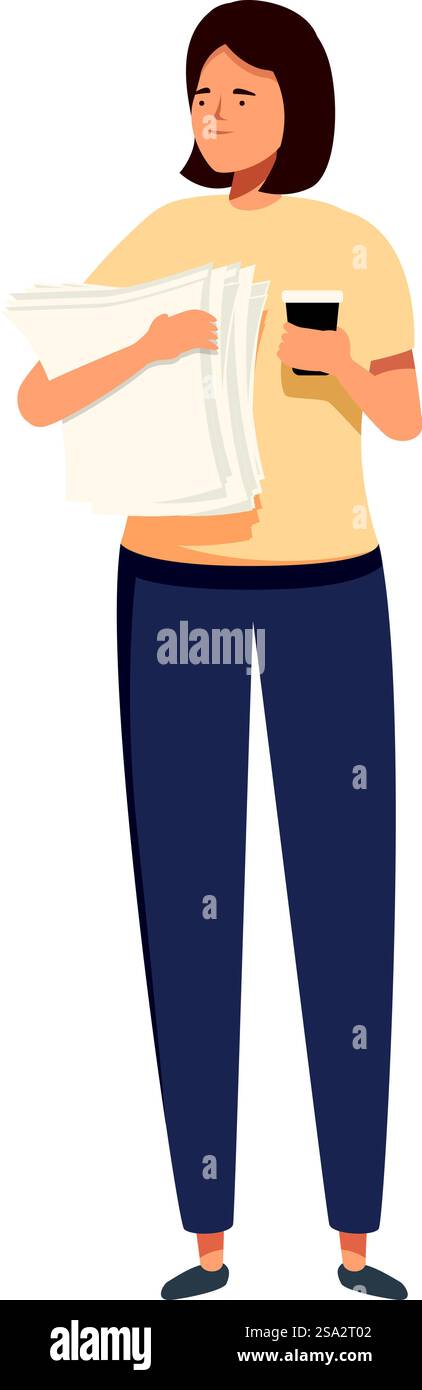 Workaholic woman with papers and coffee icon cartoon vector. Tired ...