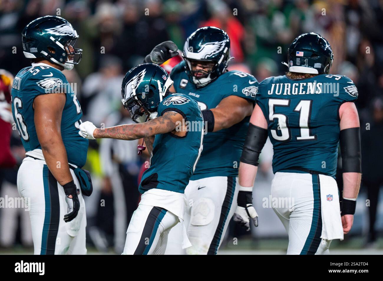Philadelphia Eagles wide receiver DeVonta Smith (6) reacts to the Saquon Barkley's touchdown ...