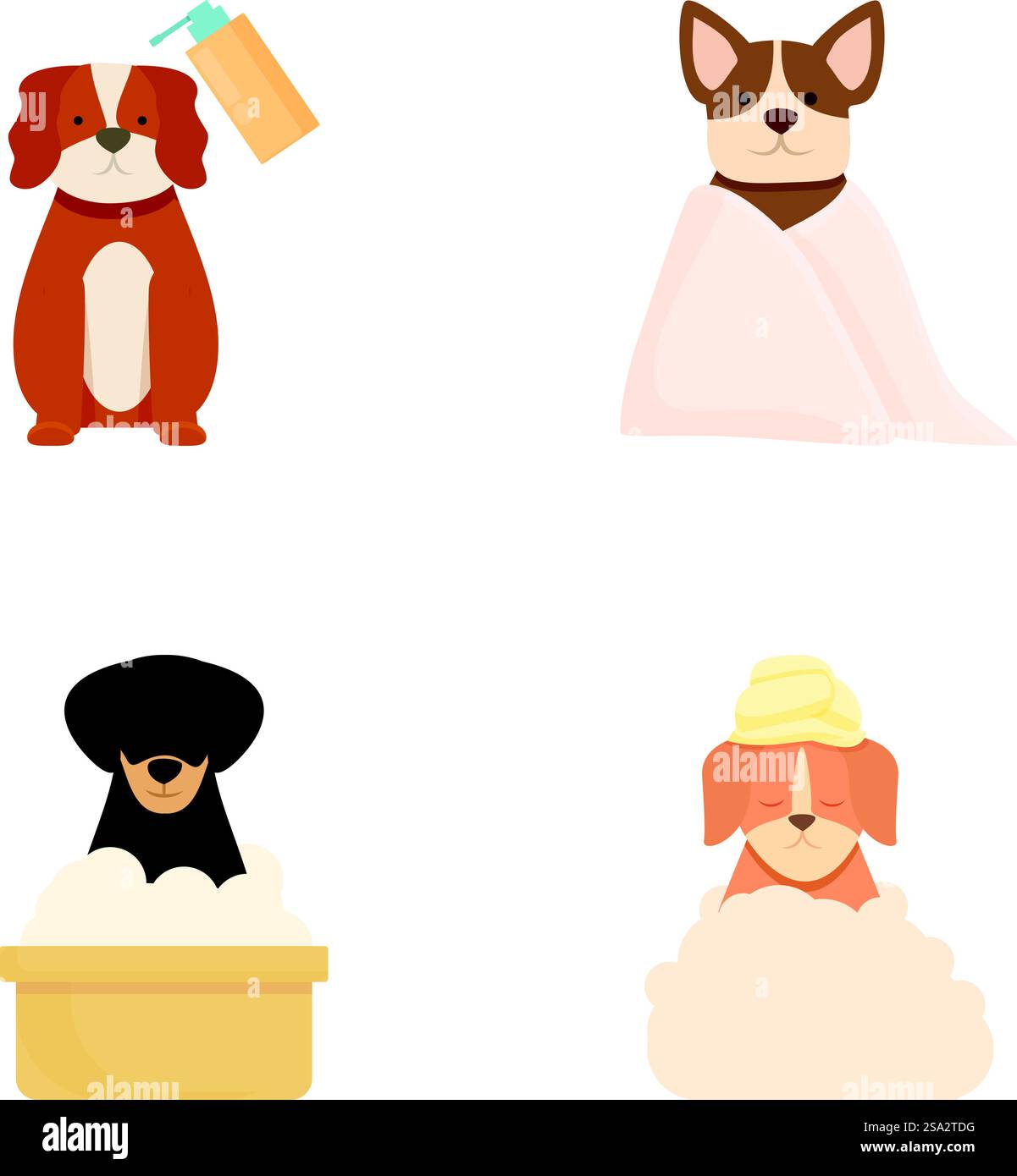 Dog spa icons set cartoon vector. Cute dog enjoying salon procedure ...