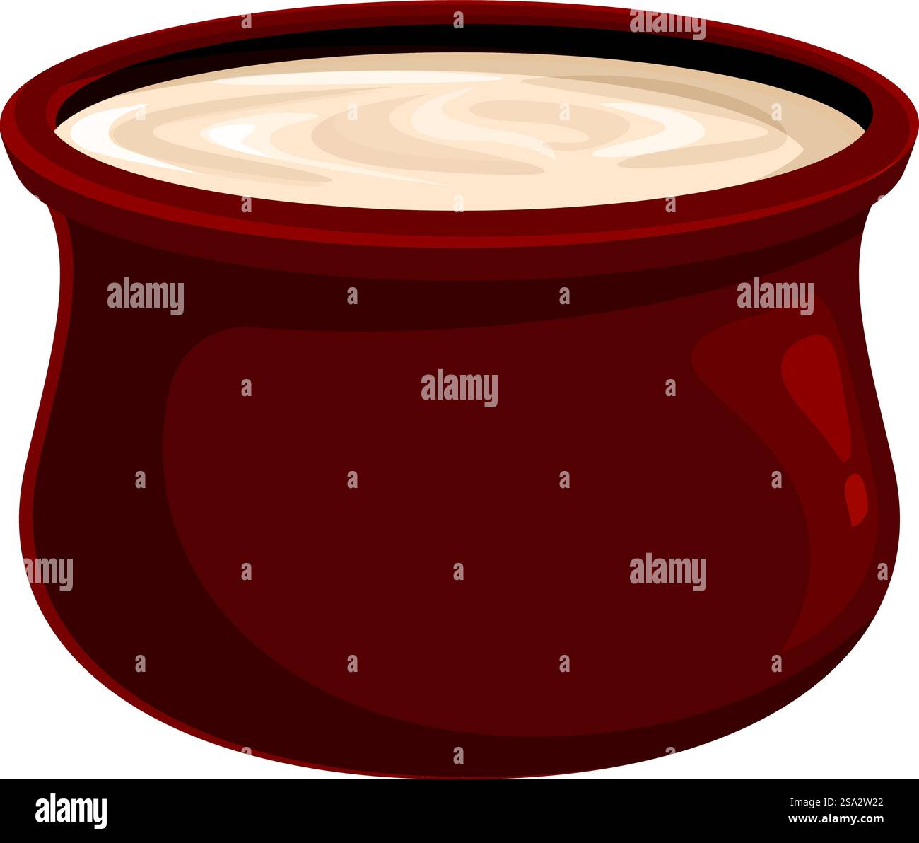 Illustration of a brown clay pot filled with a creamy, swirltopped ...