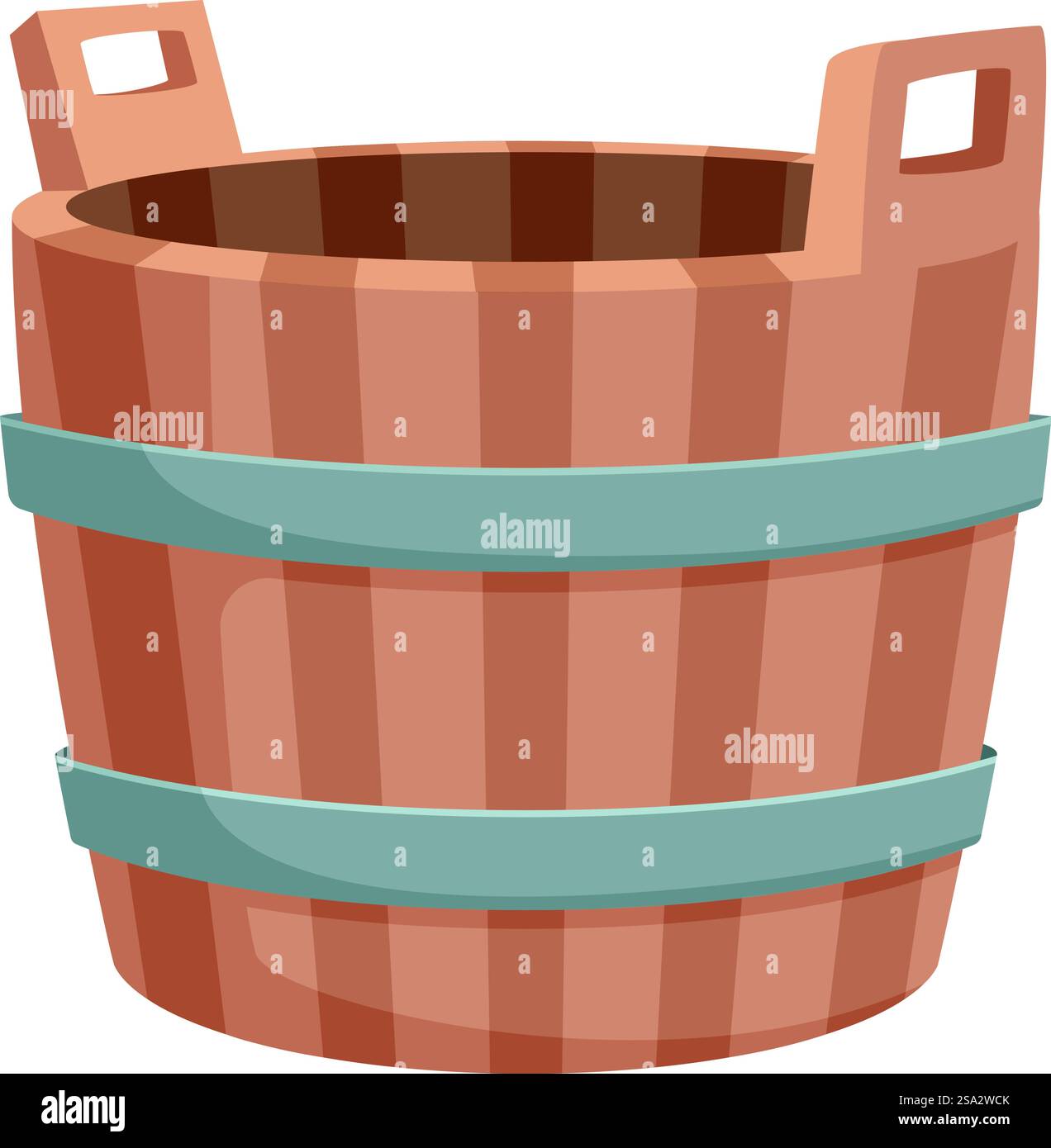 Rustic cartoon wooden bucket illustration with metal bands and handle ...