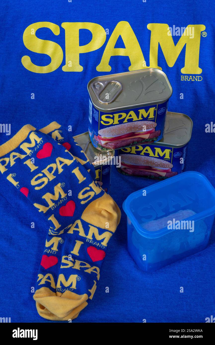Still life of tins of Spam and branded merchandise, USA 2025 Stock ...