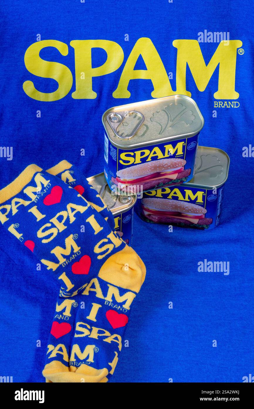 Still life of tins of Spam and branded merchandise, USA 2025 Stock ...
