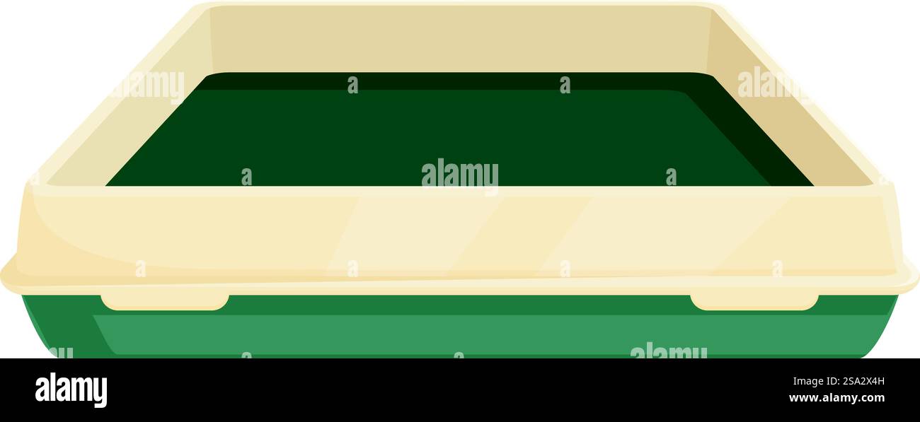 Clean, empty green and beige cat litter box illustrated on a white ...