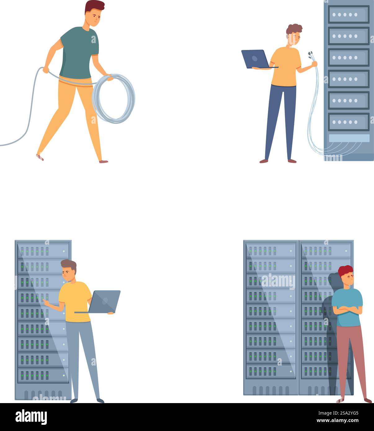 System administrator icons set cartoon vector. Man work with server and laptop. Service ...