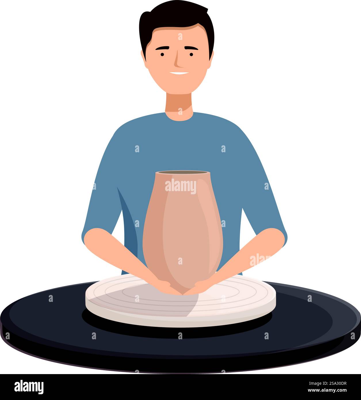 Digital illustration of a smiling male potter creating a ceramic vase ...