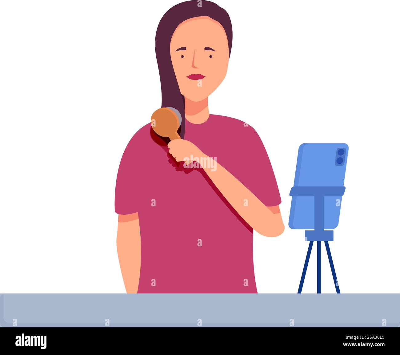 Flat illustration of a female podcaster speaking into microphone with ...