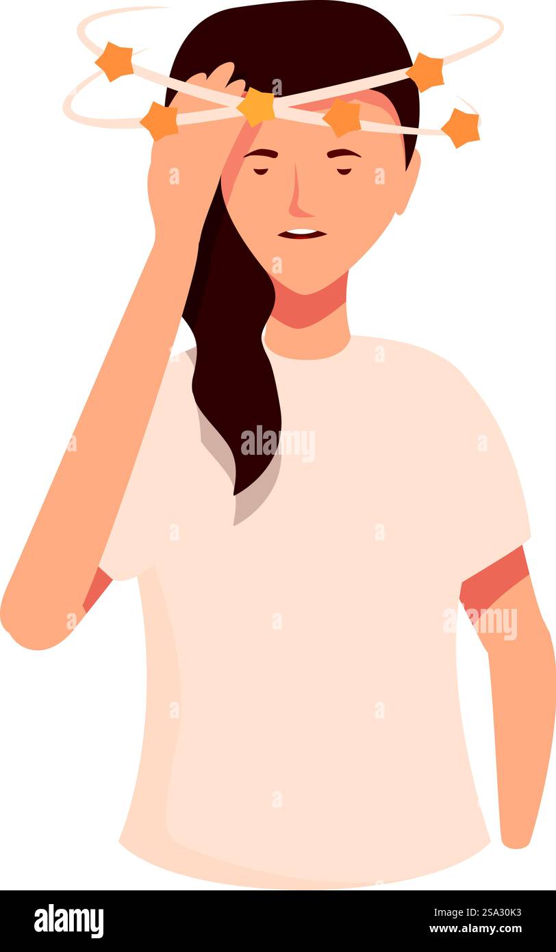 Illustration of a young adult woman feeling dizzy and unwell with ...