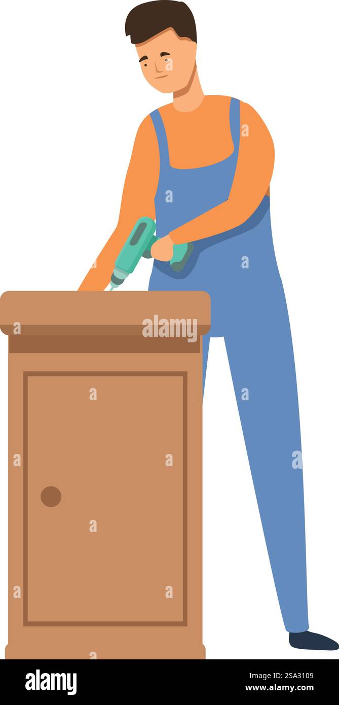 Carpenter fixing furniture icon cartoon vector. Using screwdriver ...