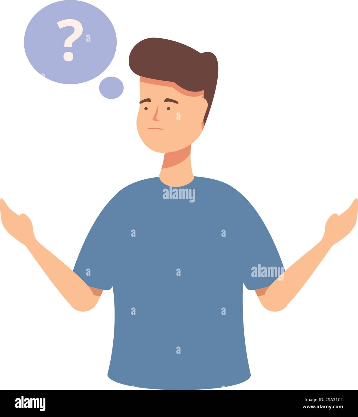 Illustrated image of a man looking puzzled with a question mark in a ...