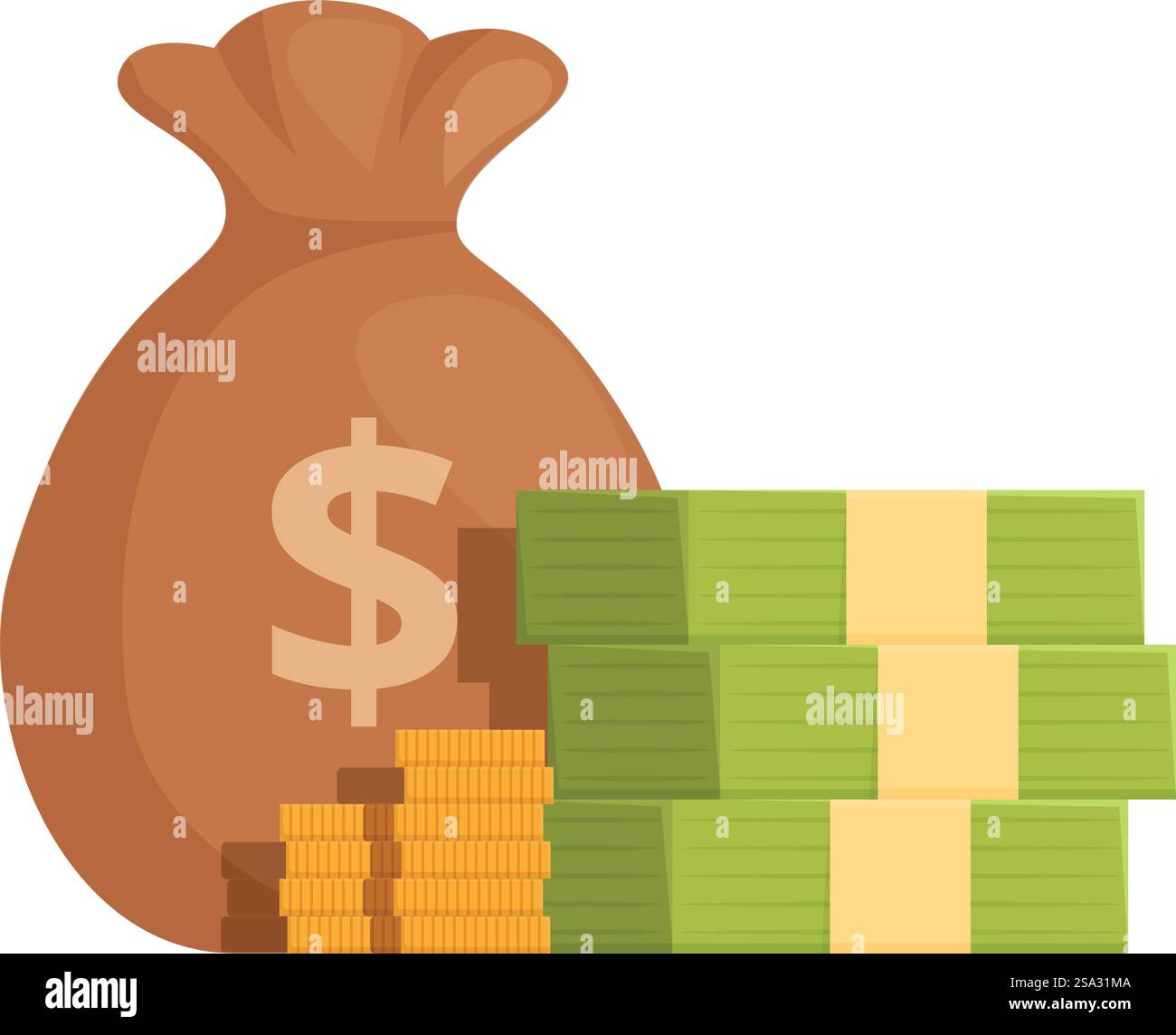 Illustration of a money bag alongside a stack of bills and coins ...
