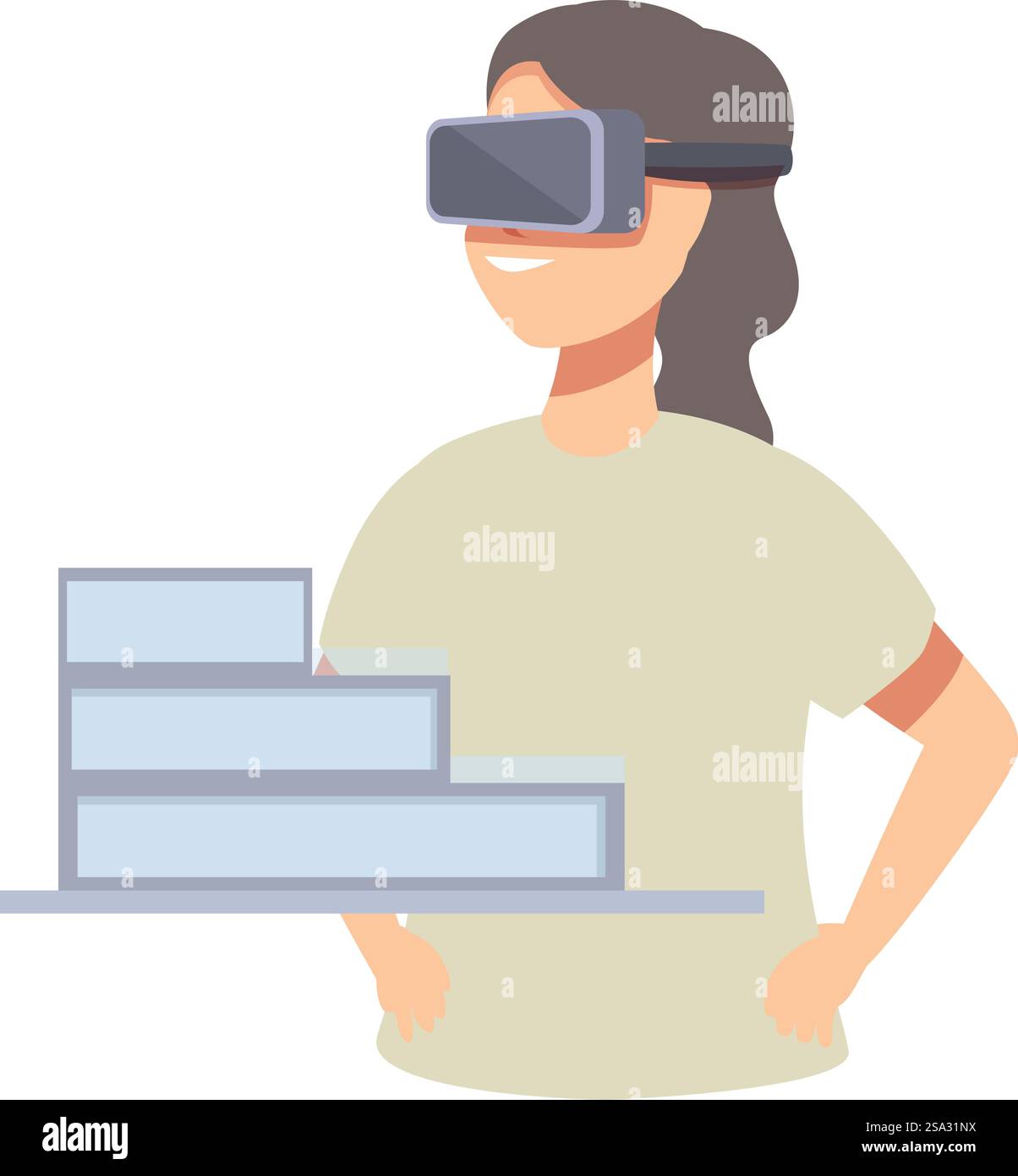 Illustration of a smiling woman engaged with a vr headset, interacting ...