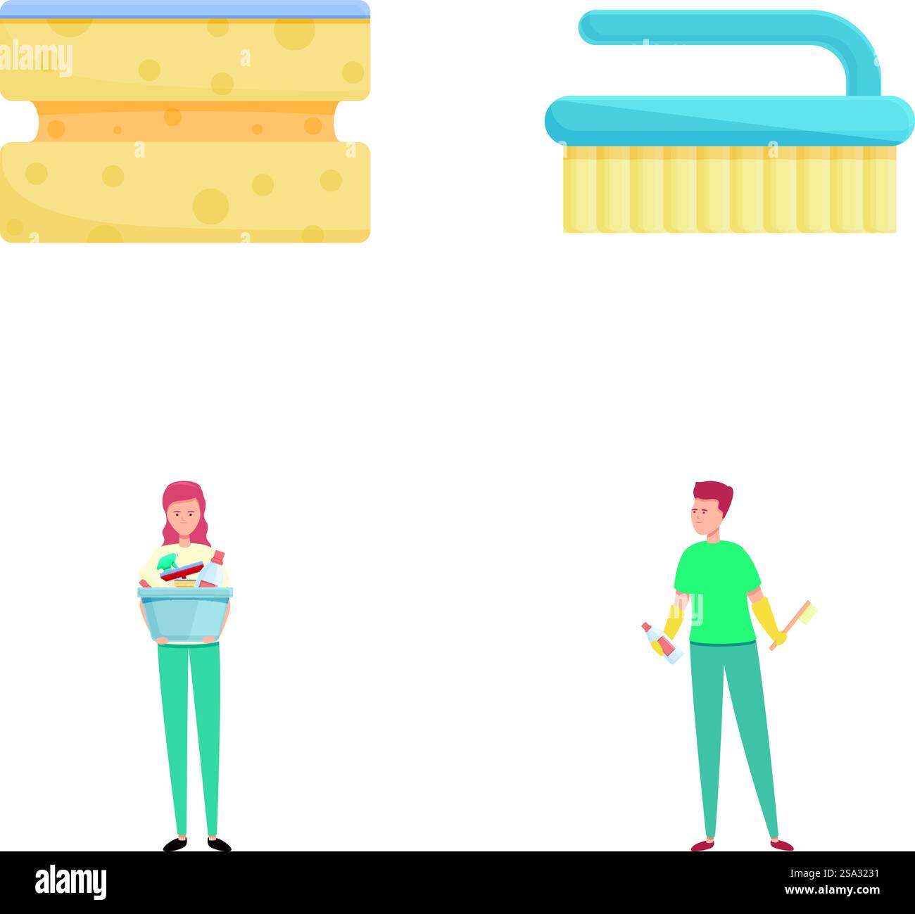 House cleaning icons set cartoon vector. Man and woman doing housework ...