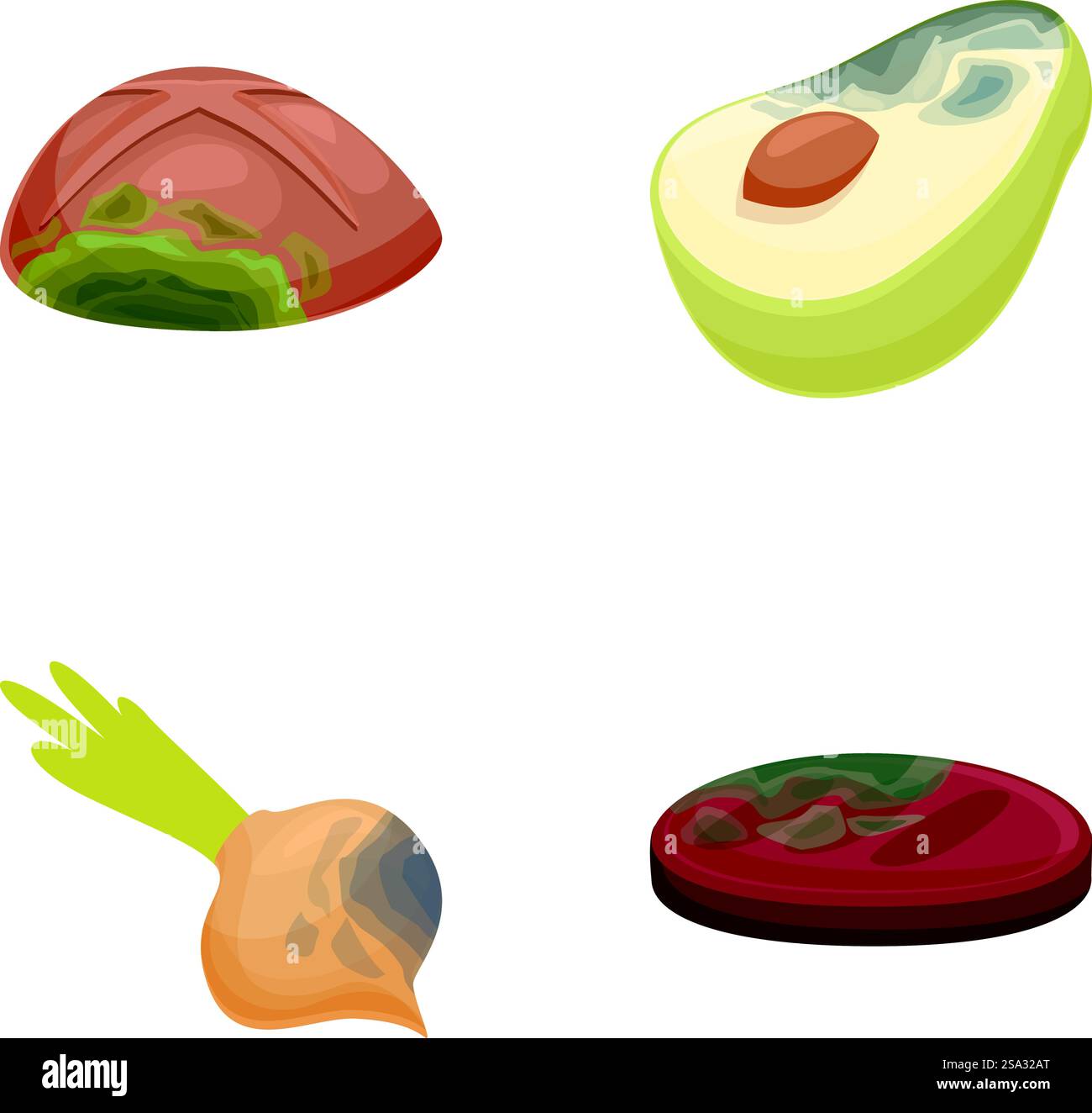 Rotten food icons set cartoon vector. Various spoiled and damaged ...