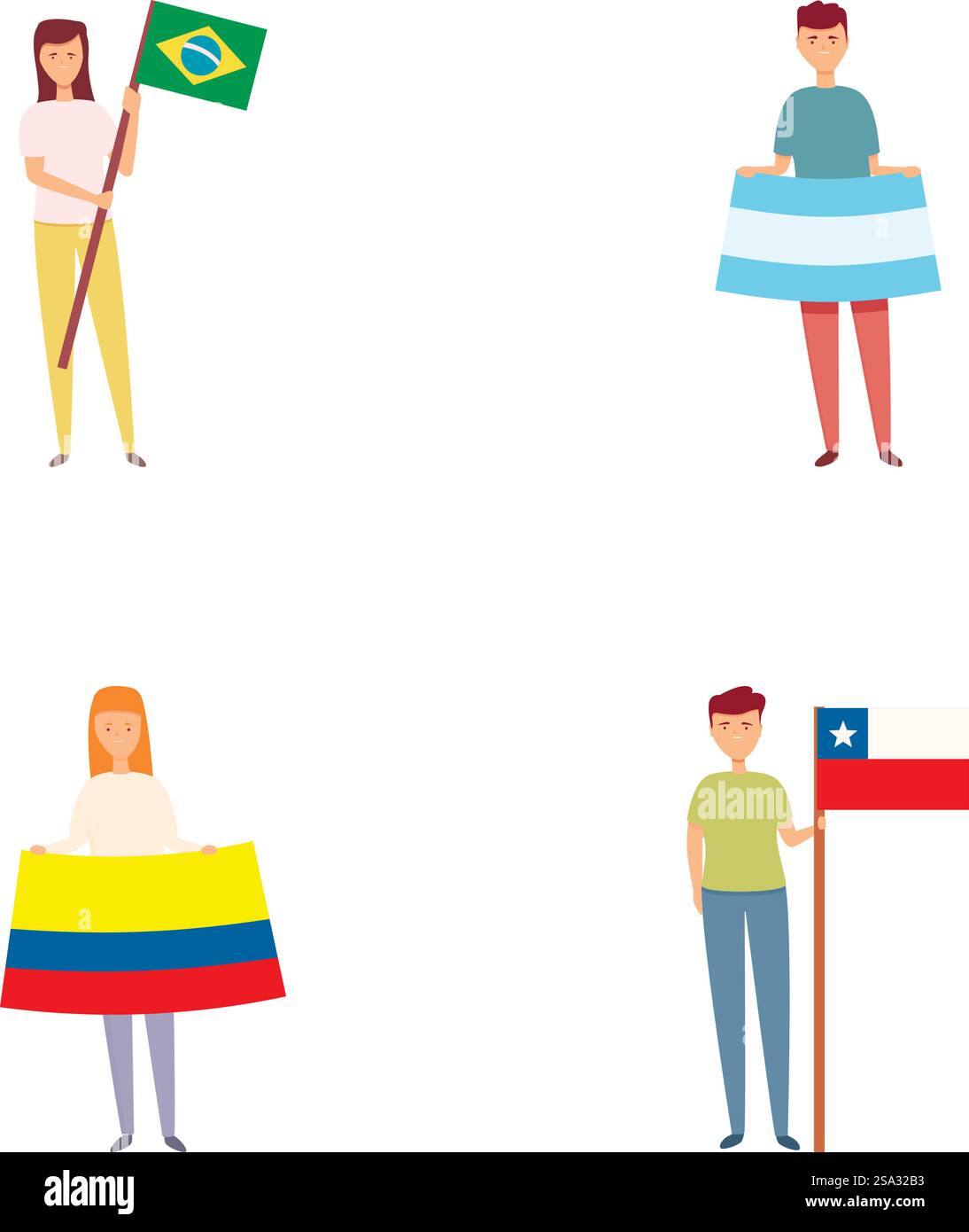 Country flag icons set cartoon vector. Teenager holding national ...