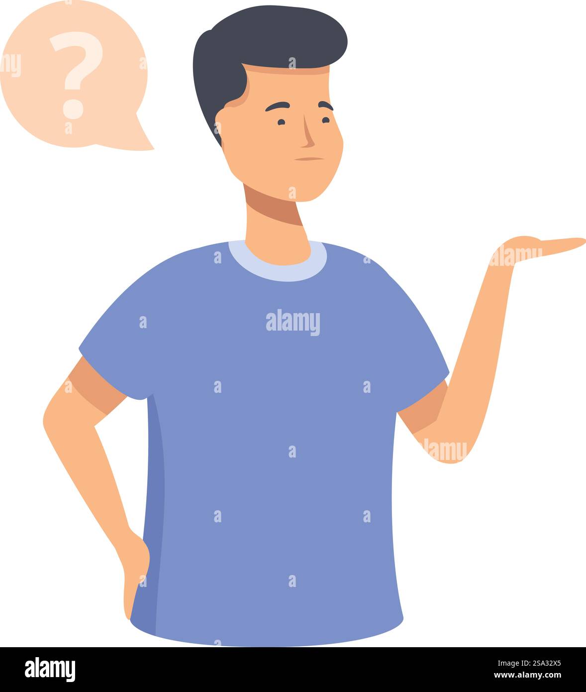 Illustration of a young man in a blue tshirt, looking thoughtful with a ...