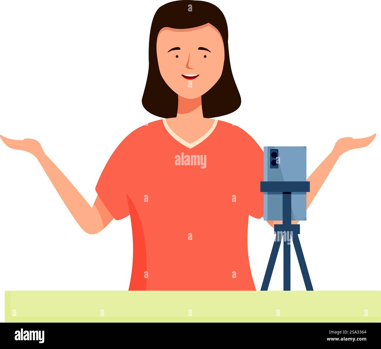 Cartoon image of a smiling woman presenting with a camera on a tripod ...