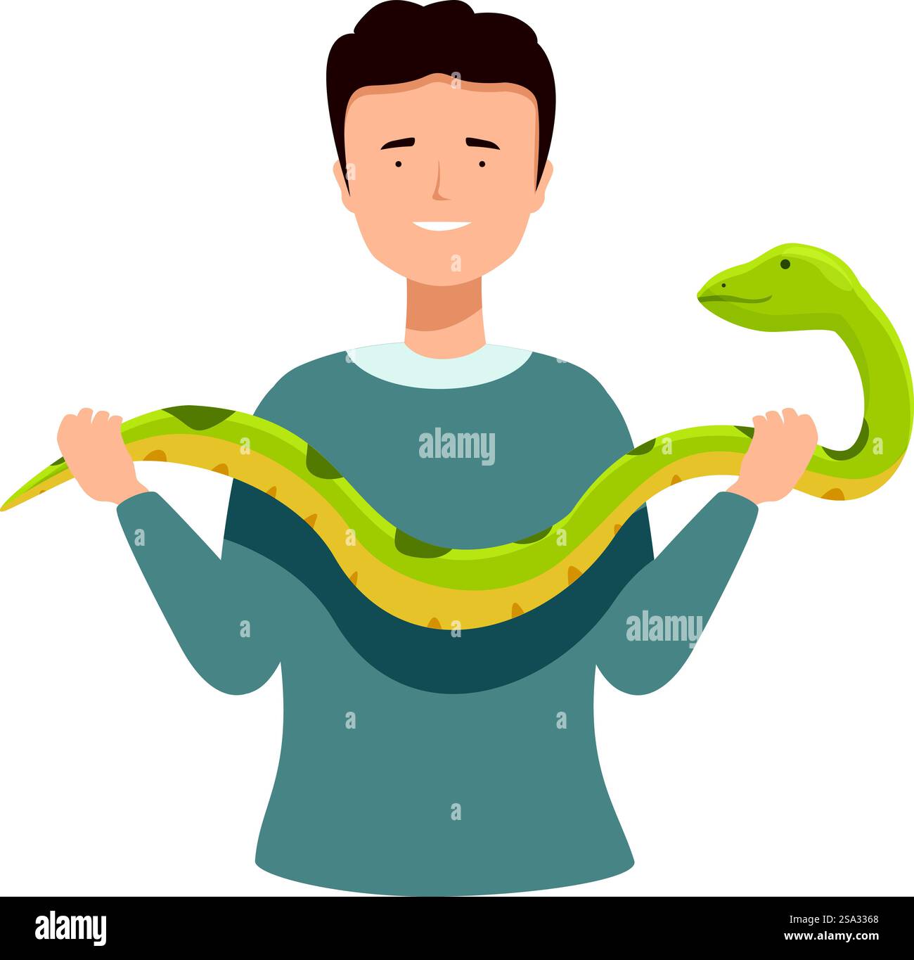 Cheerful animated man smiling while comfortably holding a long green ...