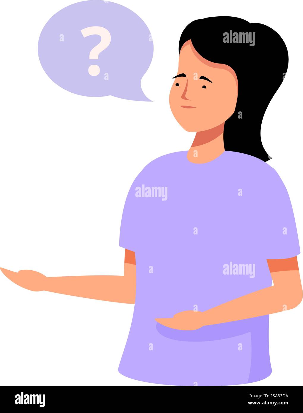 Illustration of a woman in a purple shirt with a question mark, symbolizing uncertainty ...