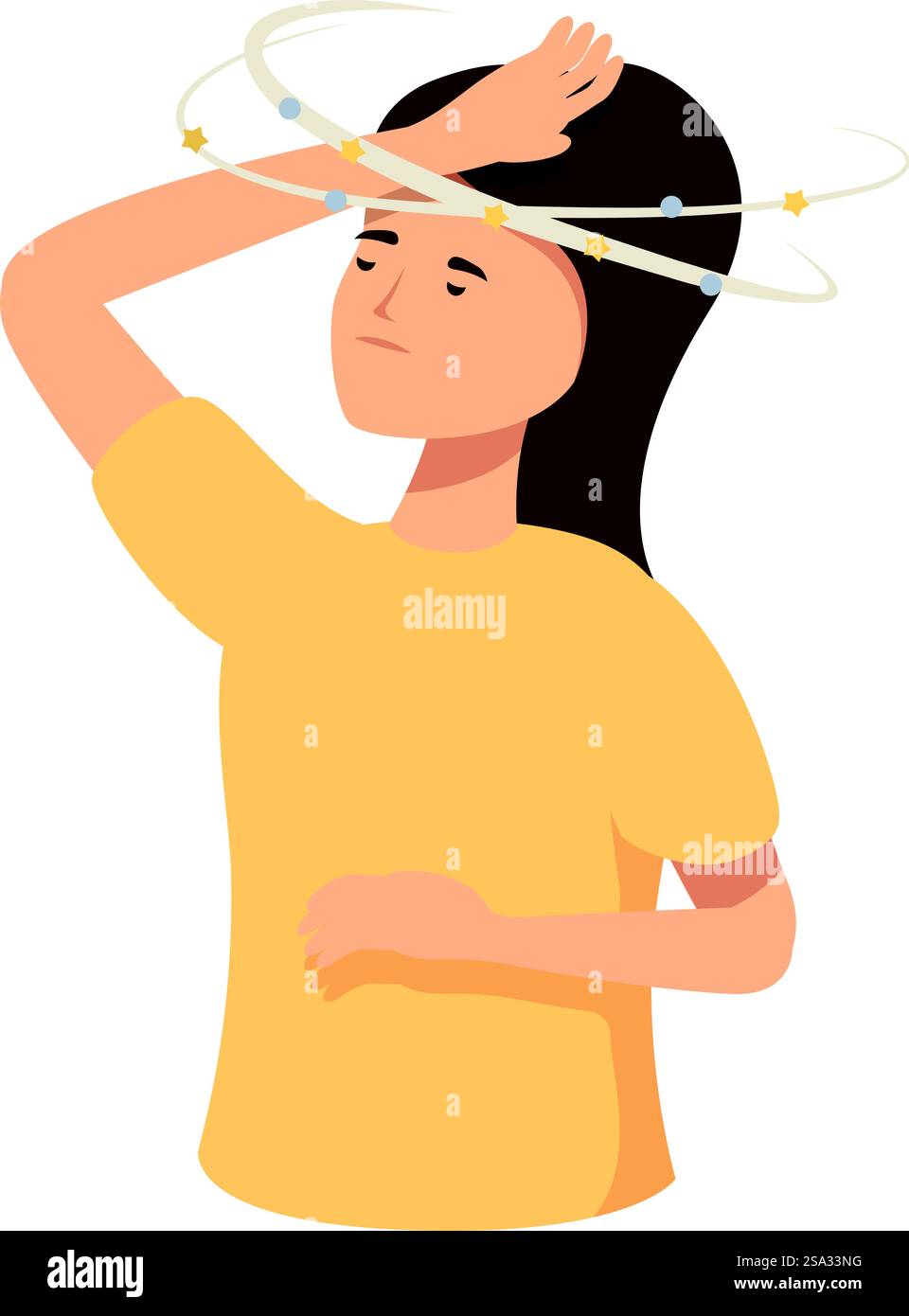 Illustration of a young woman feeling dizzy. Unwell. And disoriented ...